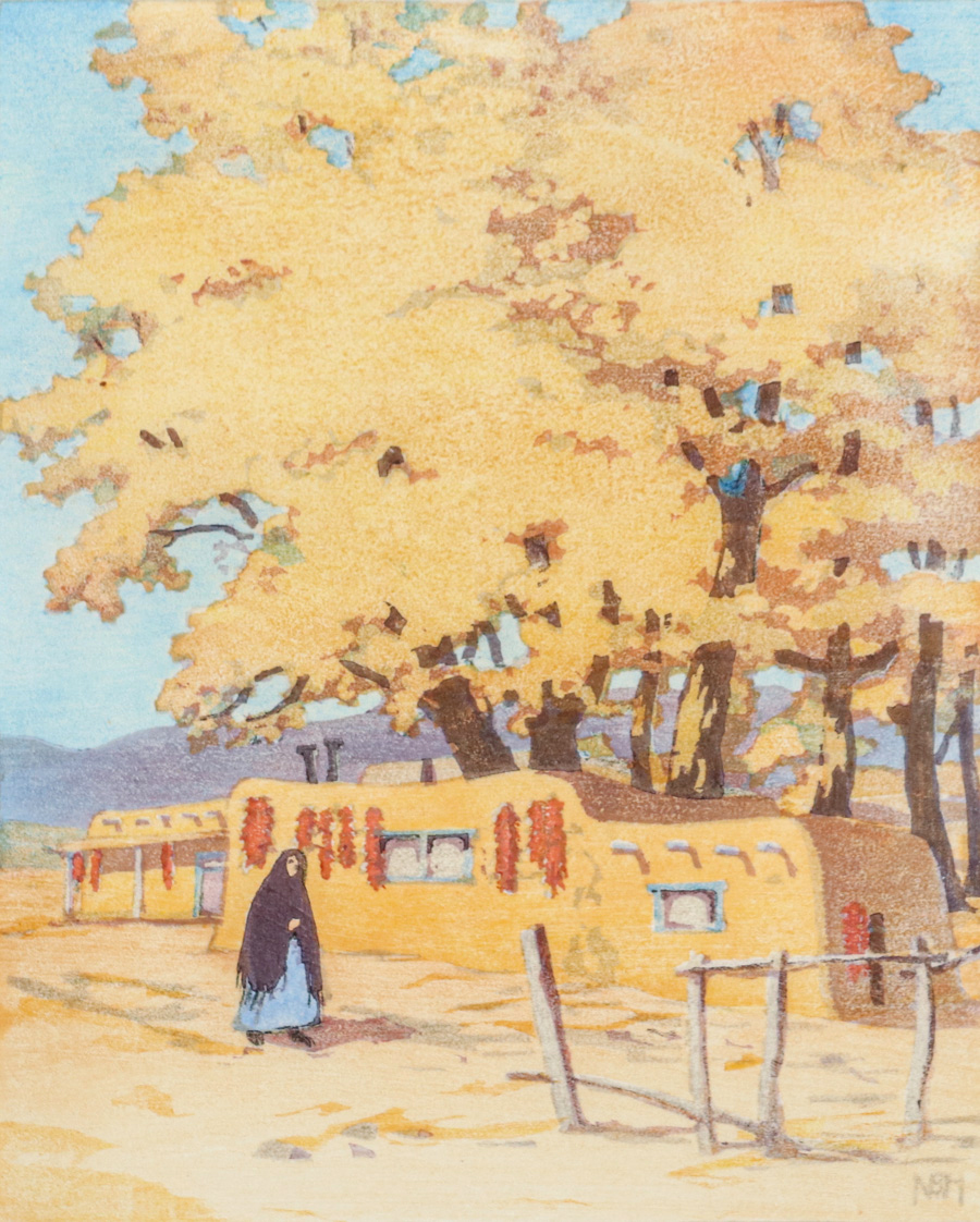 Norma Bassett Hall Color Woodcut October In Santa Fe C1948 California Historical Design